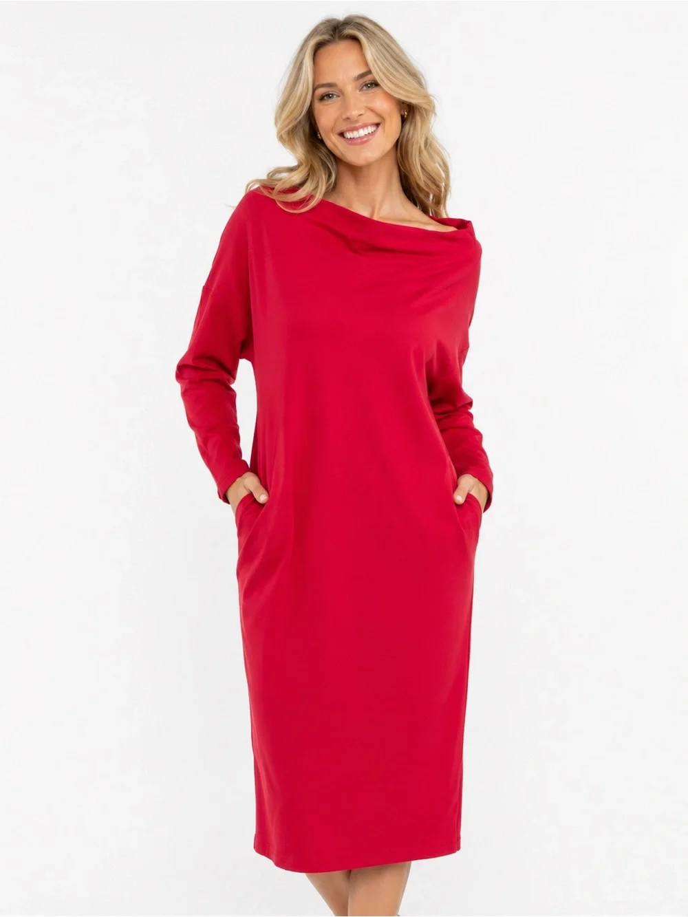 Le Muse | Dresses | Le Muse Tomato Red Midi Dress Large Draped Bateau ...